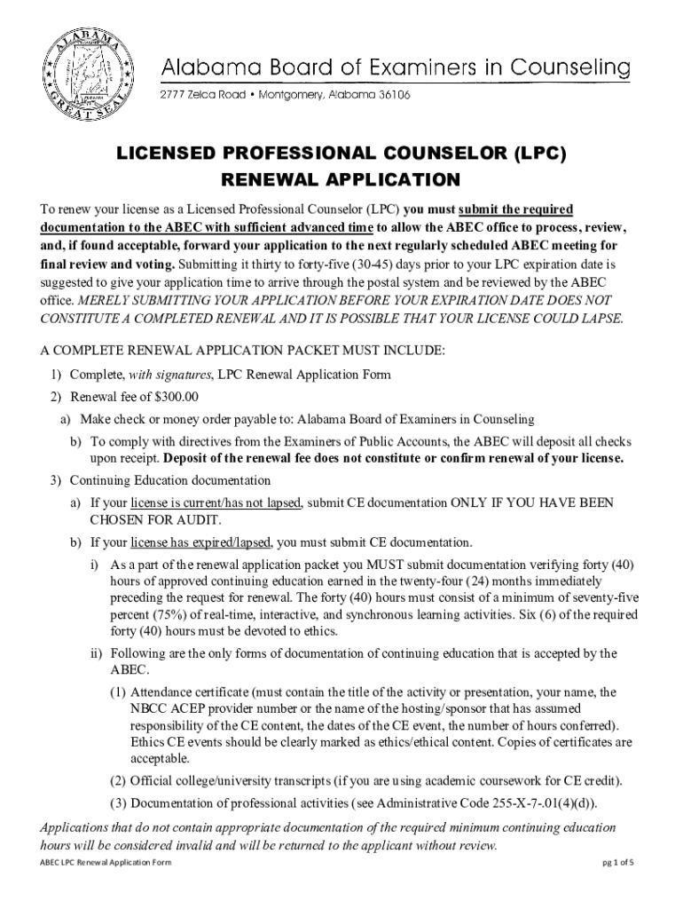 Fillable Online abec alabama LICENSED PROFESSIONAL COUNSELOR (LPC ...