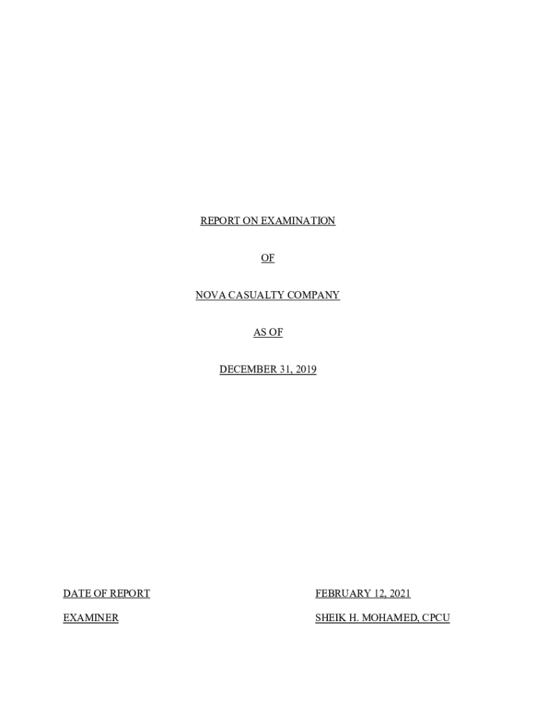 Fillable Online REPORT ON EXAMINATION OF NOVA CASUALTY COMPANY AS ...