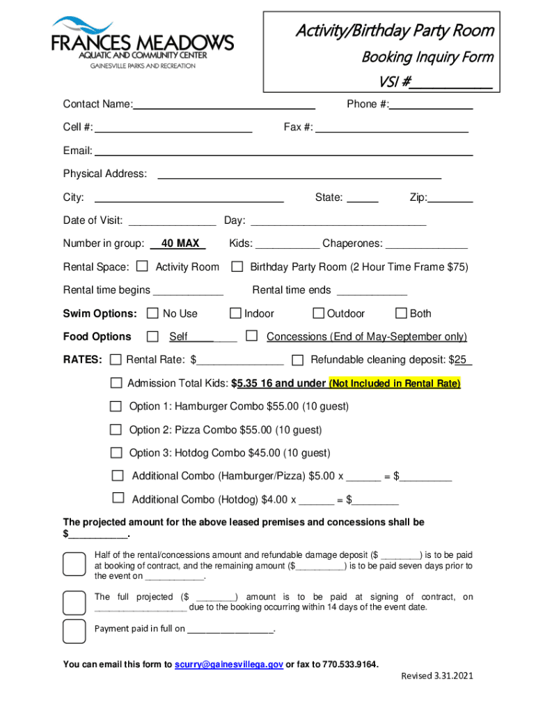 Fillable Online Pool Party Rental Inquiry Form Fax Email Print - pdfFiller