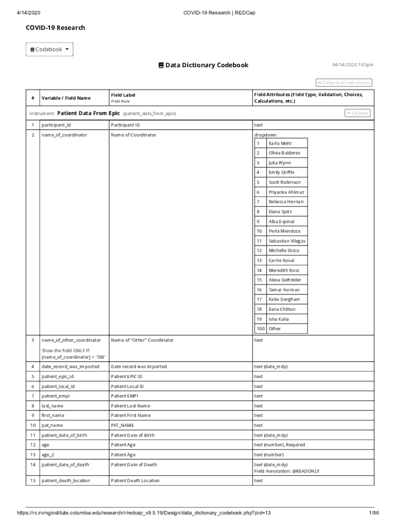 Fillable Online Data Dictionary Codebook COVID-19 Research Fax Email ...