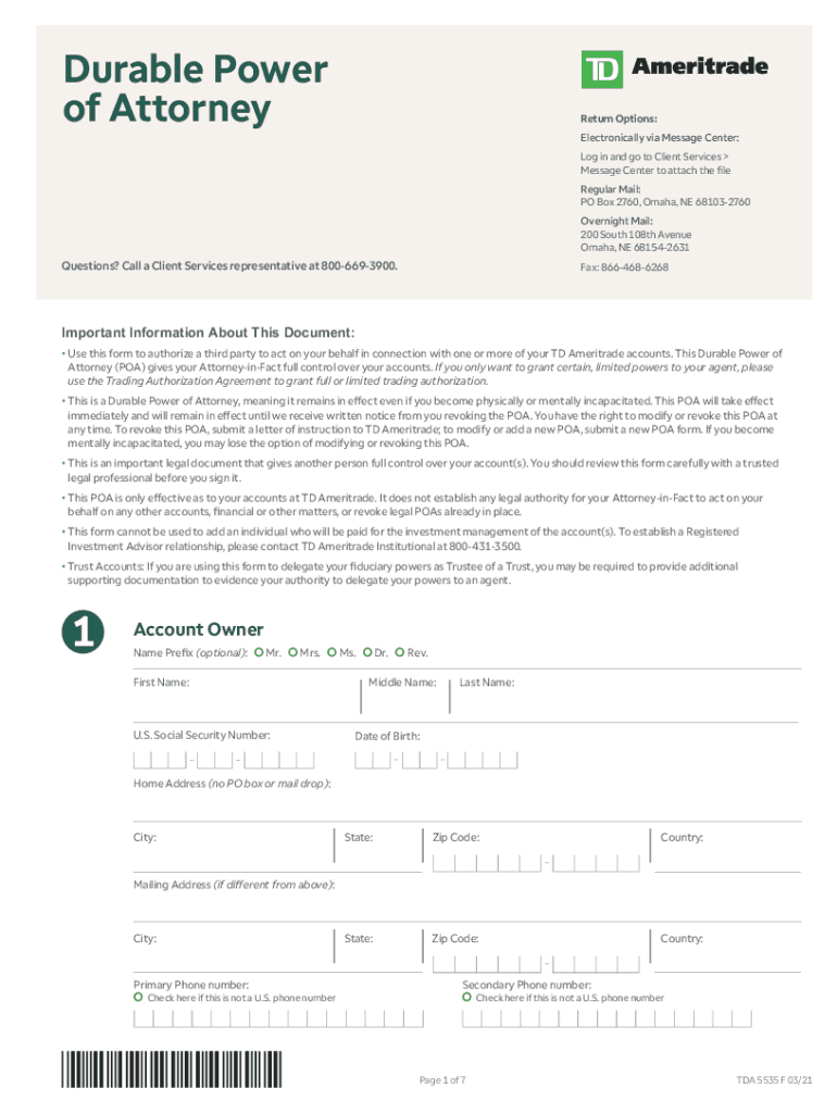 Fillable Online Durable Power of Attorney-TDA 0321 Fax Email Print ...