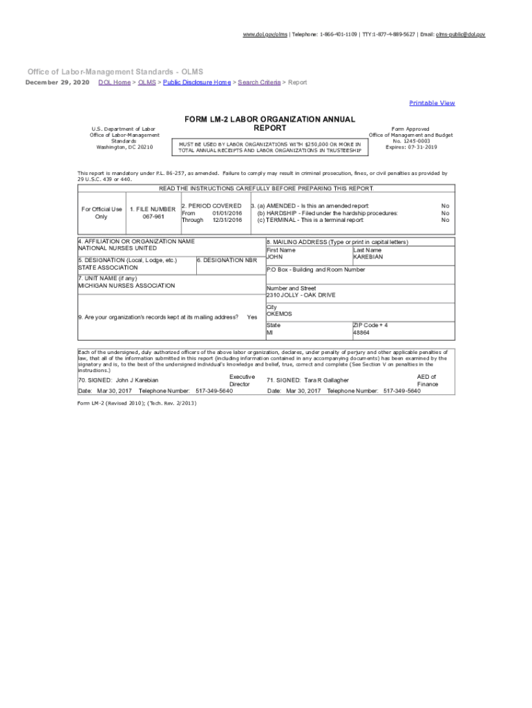 Fillable Online REPORT FORM LM-2 LABOR ORGANIZATION ANNUAL Fax Email ...