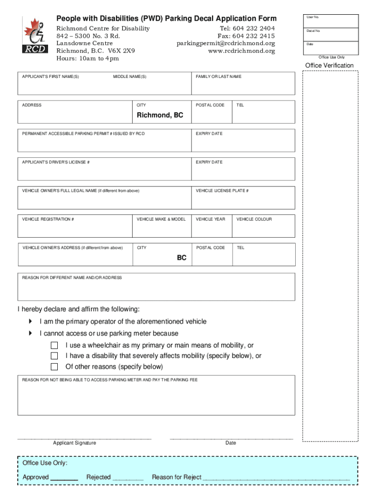 Fillable Online PWD Decal App Form Final.doc Fax Email Print - pdfFiller