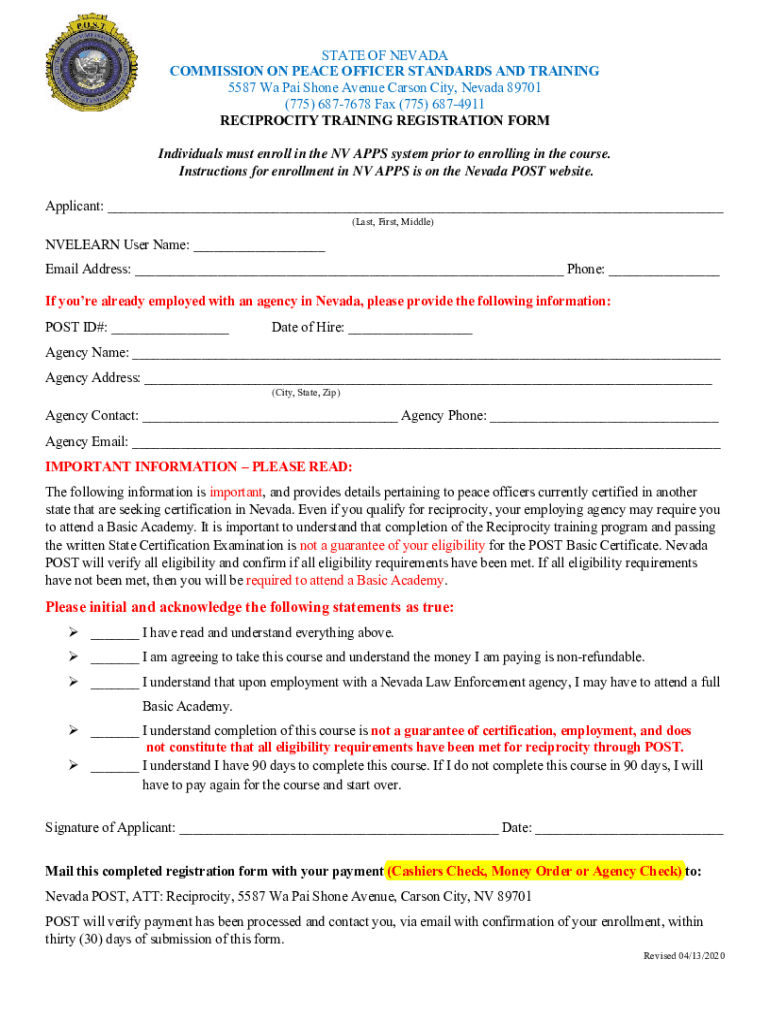 Fillable Online reciprocity training course registration form Fax Email Print - pdfFiller