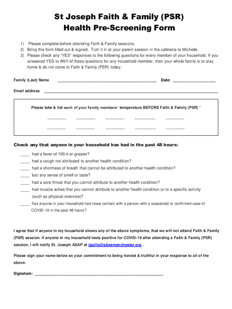 Fillable Online St Joseph Faith & Family (PSR) Health Pre-Screening ...