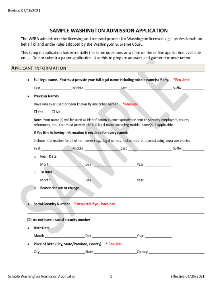 Fillable Online SAMPLE WASHINGTON ADMISSION APPLICATION - WSBA Home Fax ...