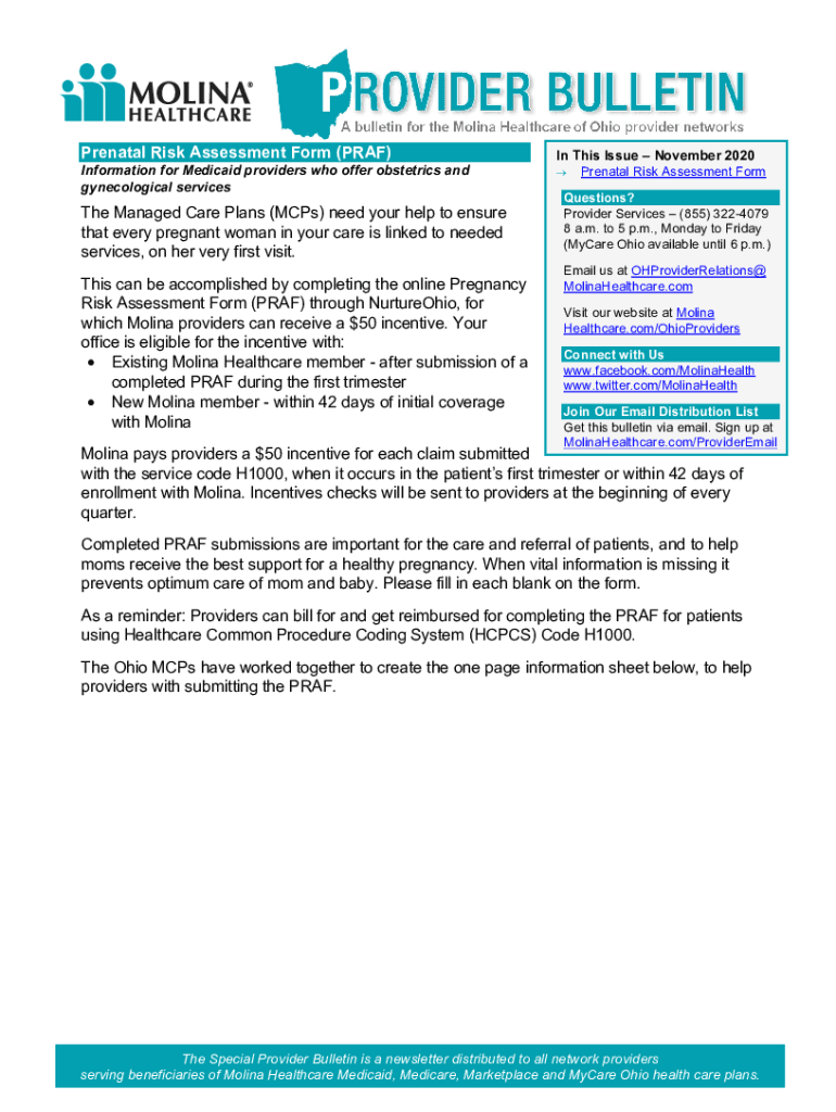 Fillable Online Prenatal Risk Assessment Form (PRAF) Provider Bulletin ...
