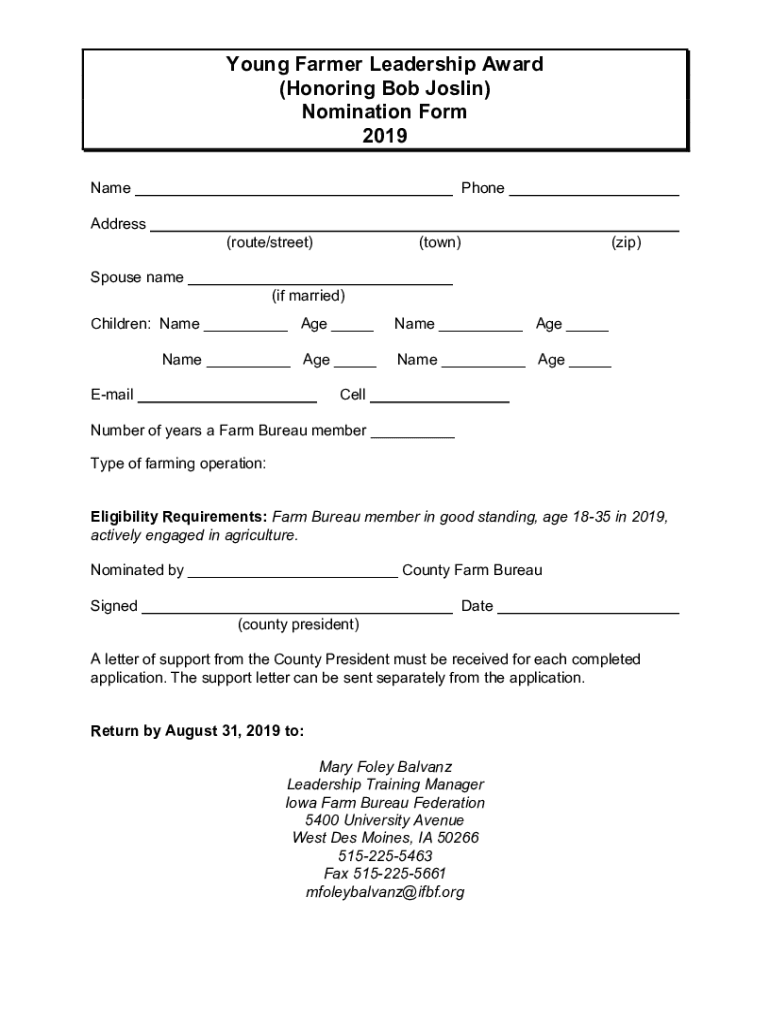 Fillable Online Bob Joslin Young Leader Award - Iowa Farm Bureau Fax ...