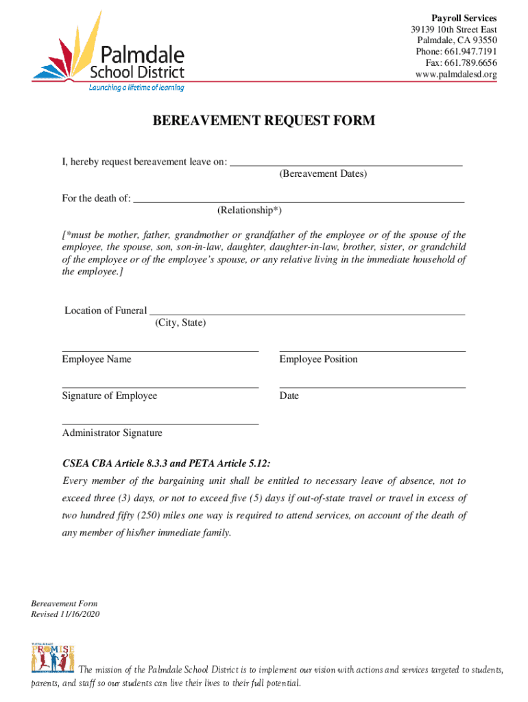 Fillable Online I, hereby request bereavement leave on: Fax Email Print ...