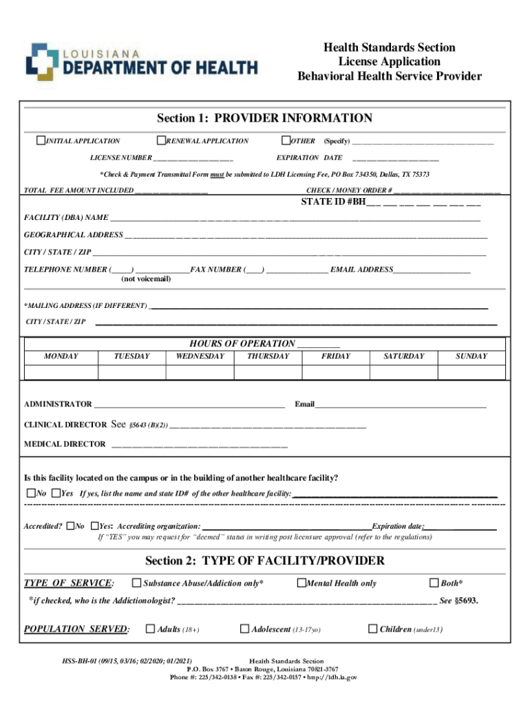 Fillable Online Health Standards Section License Application Behavioral ...