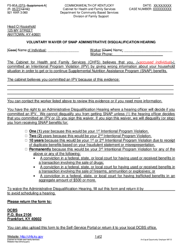 Fillable Online chfs ky Voluntary Waiver of SNAP Administrative ...