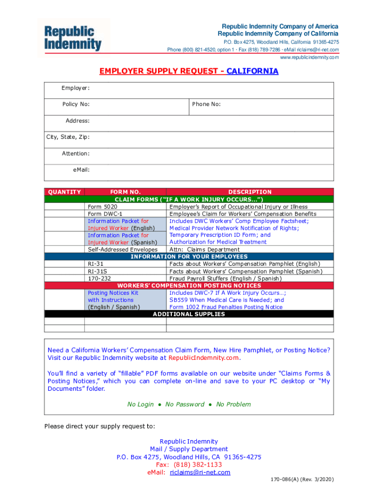 Fillable Online INSTRUCTIONS FOR COMPLETION OF - Republic Indemnity Fax ...