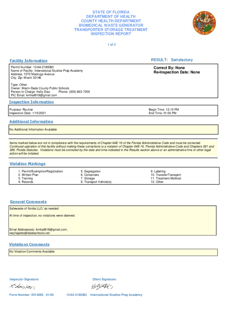 Fillable Online Biomedical Waste Inspection ProgramFlorida Department ...