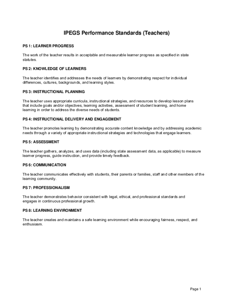 Fillable Online Fillable Online IPEGS Performance Standards (Teachers ...
