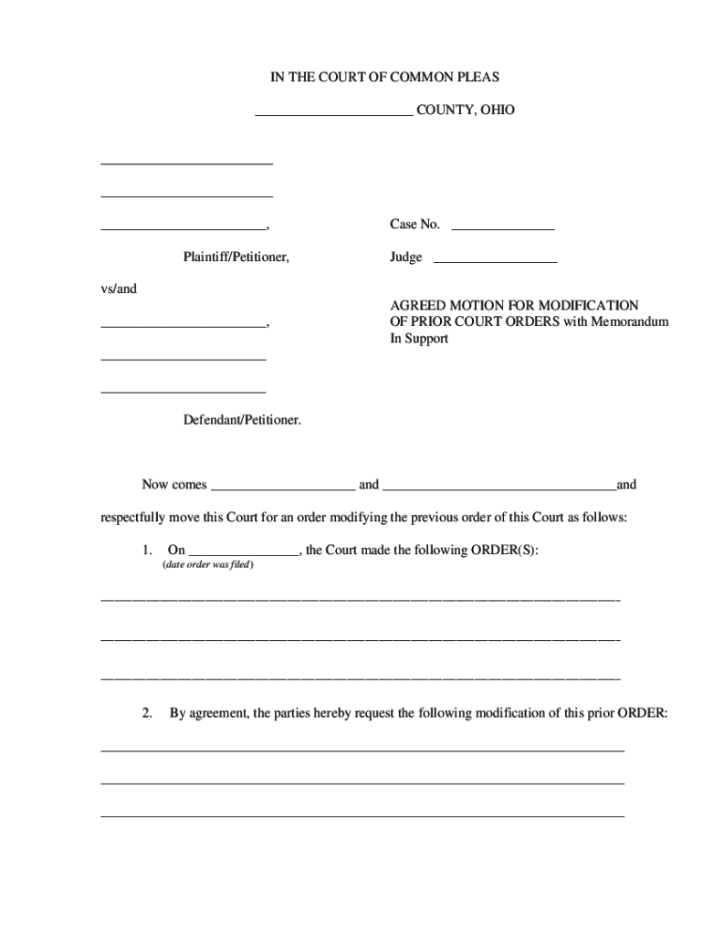 Fillable Online AGREED MOTION TO MODIFY PRIOR COURT ORDER POST ...