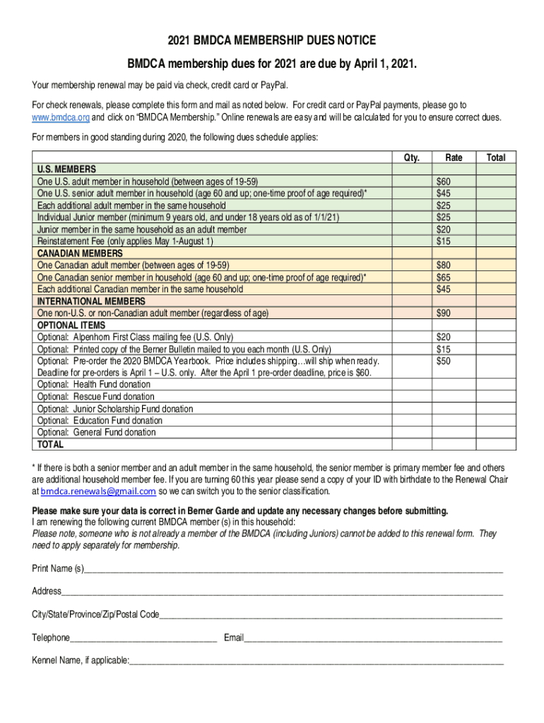 Fillable Online 2021 BMDCA MEMBERSHIP DUES NOTICE BMDCA membership dues ...