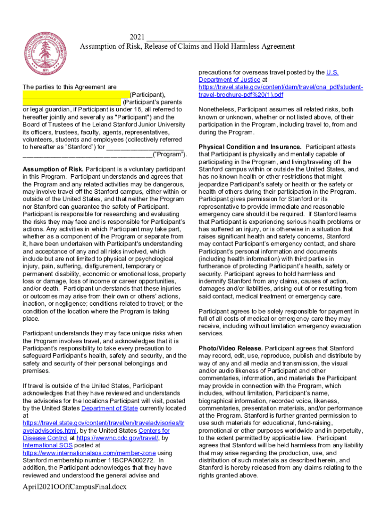 Fillable Online 2021 Assumption of Risk, Release of Claims and Hold Harmless ... Fax Email Print ...