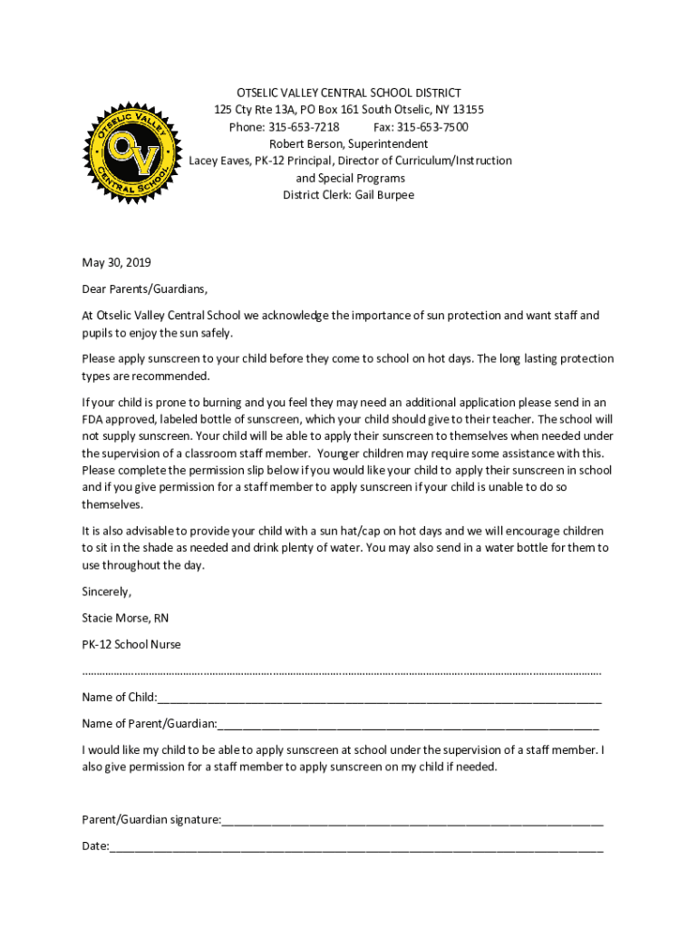 Fillable Online Parents sunscreen letter and permission form Fax Email ...