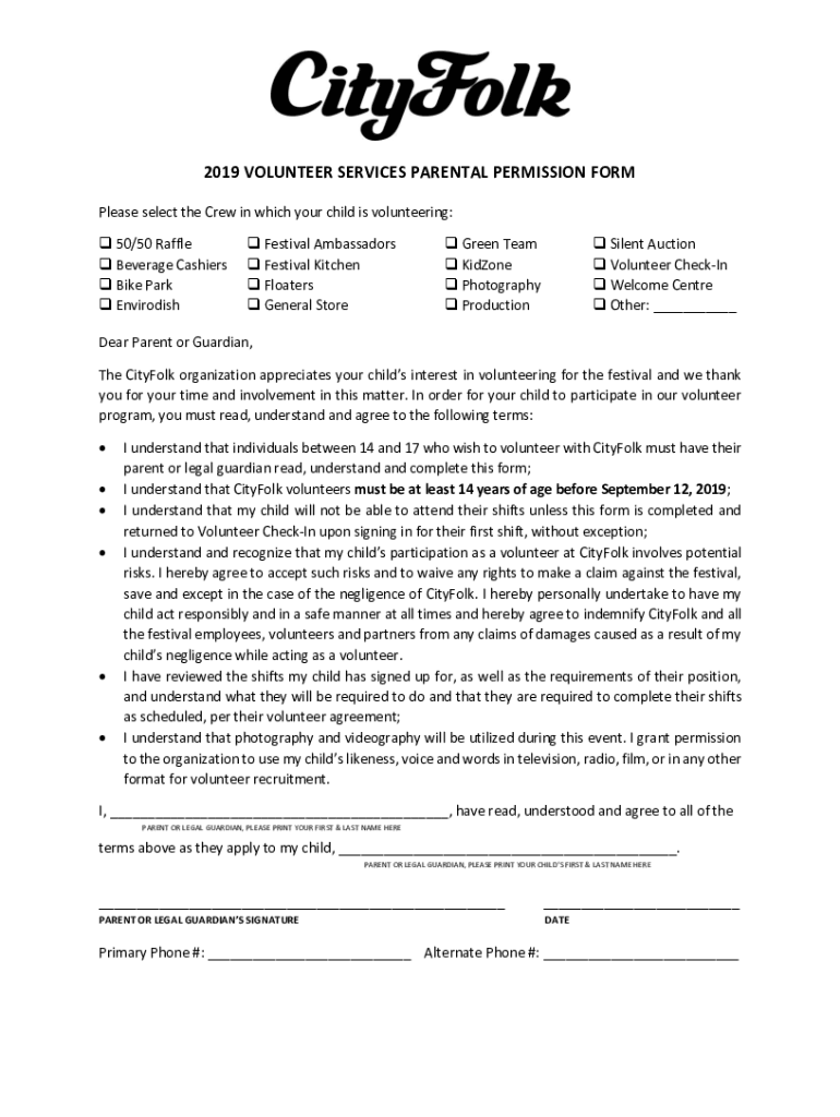 Fillable Online 2019 VOLUNTEER SERVICES PARENTAL PERMISSION FORM Fax ...