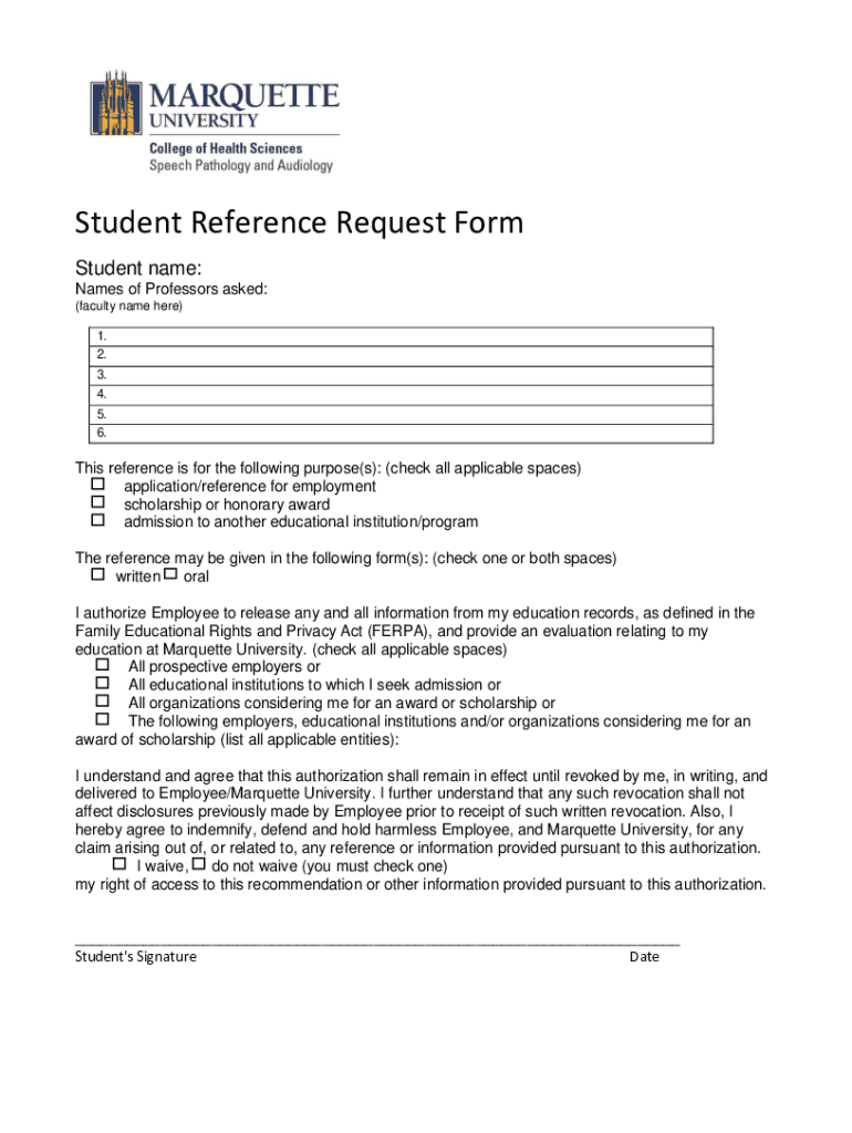 Fillable Online Student Reference Request Form - Marquette University ...