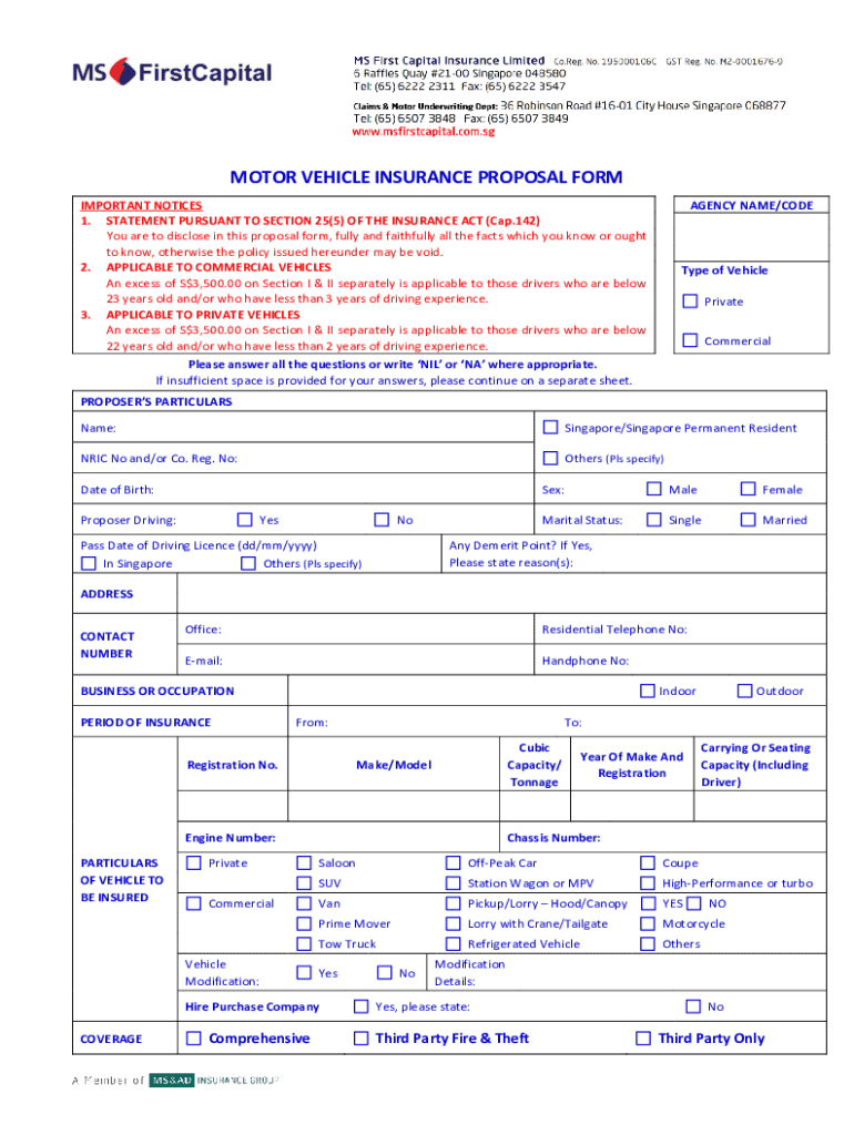 Fillable Online MOTOR VEHICLE PROPOSAL FORM - Great Eastern General ...