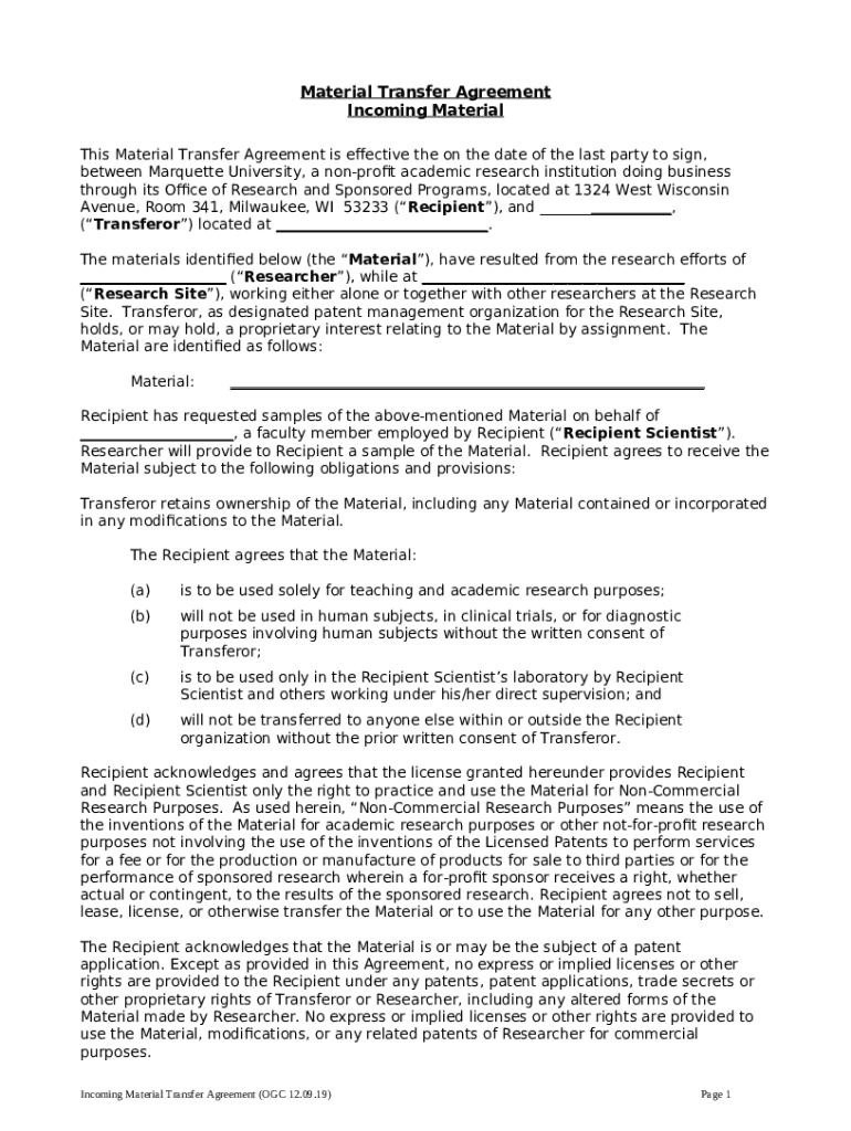 Biological Material Transfer Agreement - Marquette University Doc ...