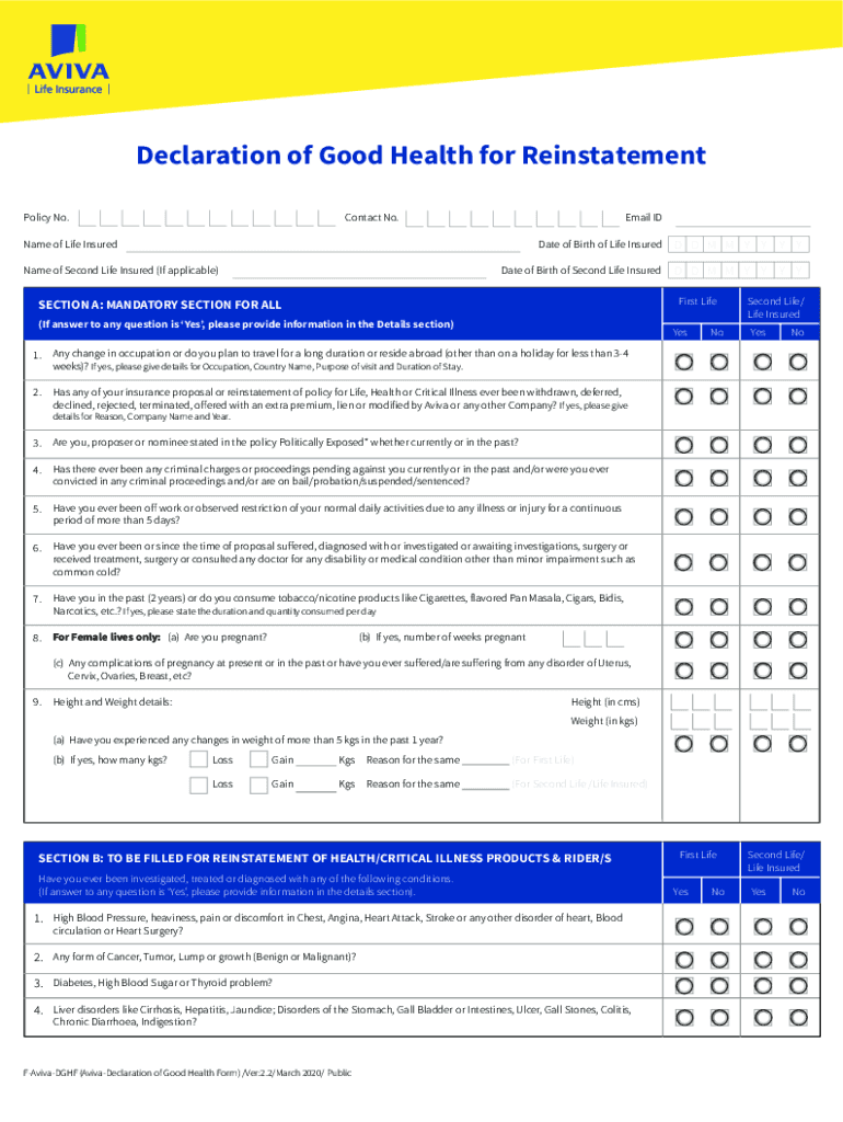 Fillable Online Declaration of Good Health for Reinstatement Fax Email ...