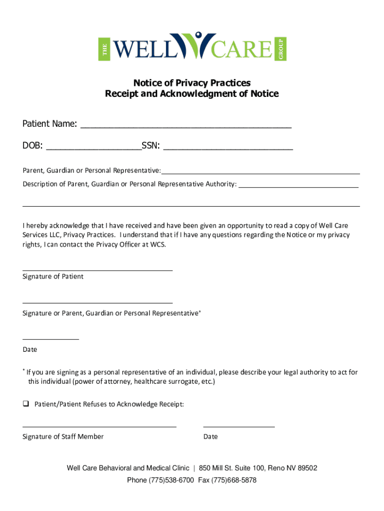 Fillable Online Receipt and Acknowledgment of Notice of Privacy ...