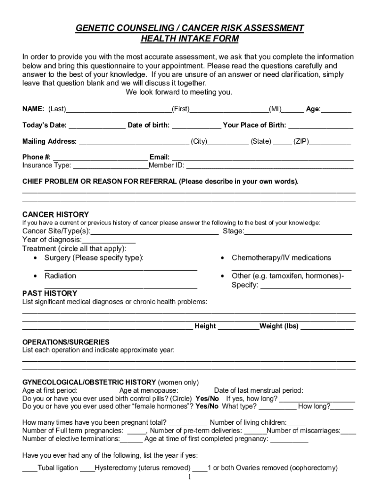 Fillable Online GENETIC COUNSELING / CANCER RISK ASSESSMENT HEALTH ...