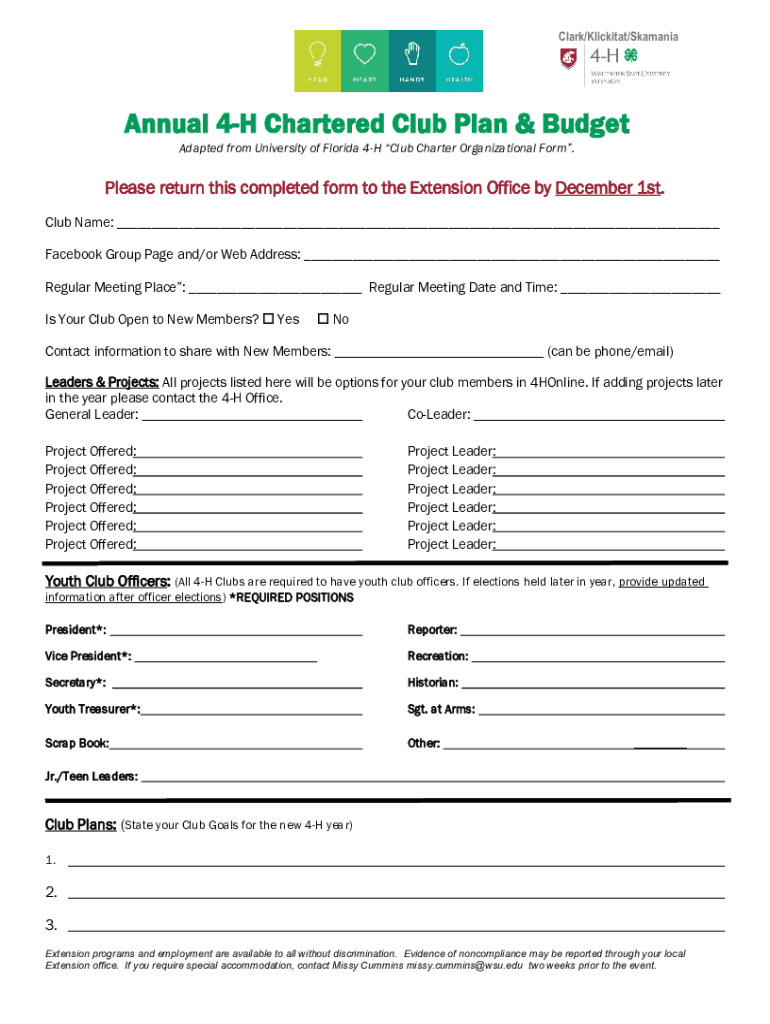 Fillable Online Clark/Klickitat/Skamania Counties Annual 4-H Chartered ...