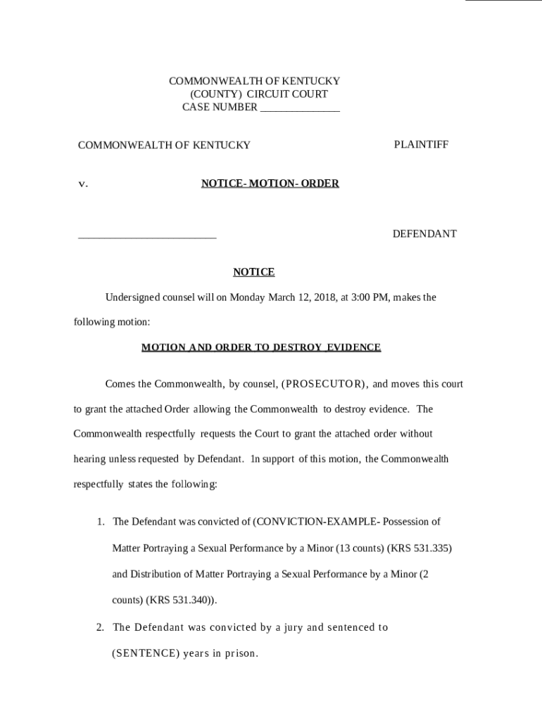 Sample Motions - destroy.evidence Motion and Order (002) - ag ky Doc ...
