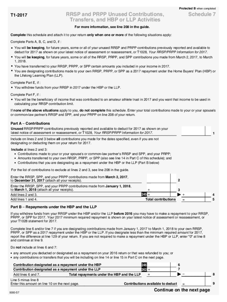 Canada RRSP and PRPP Unused Contributions Schedule 7 - Blank Fillable ...