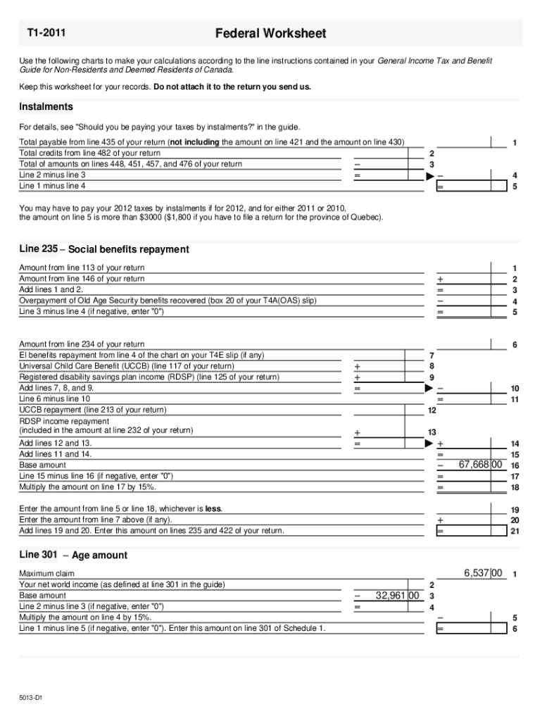 Fillable Online 5013-D1 T1 General 2011 - Federal Worksheet - Non ...