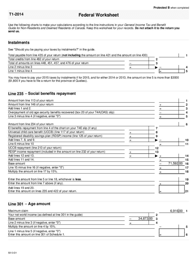 Fillable Online 5013-D1 T1 General 2014 - Federal Worksheet - Non ...