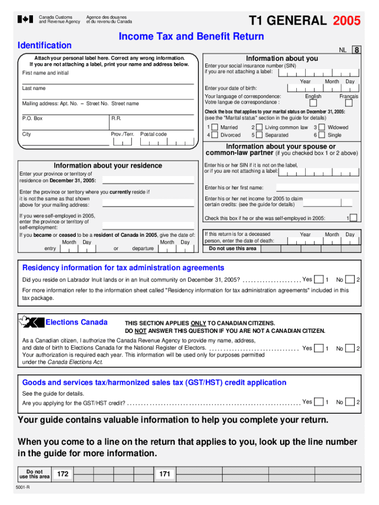 Fillable Online 5001-R T1 General 2005 - Income Tax and Benefit Return ...