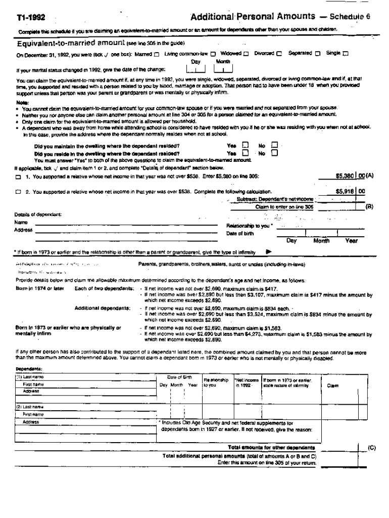 Fillable Online 5001-S6 Schedule 6 - Newfoundland - T1 General 1992 ...