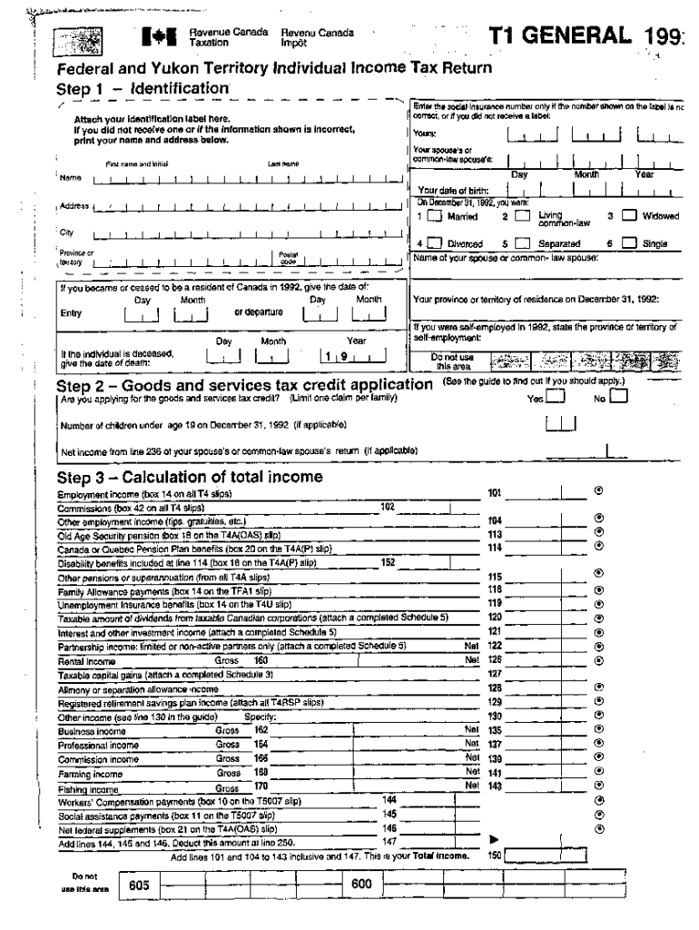 Fillable Online 5011-R T1 General 1992 - Income Tax and Benefit Return ...