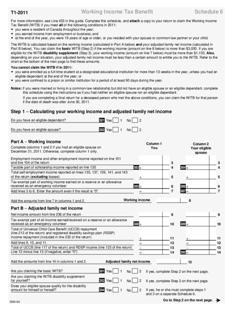 Canada Working Income Tax Benefit Schedule 6 - Blank Fillable Template ...