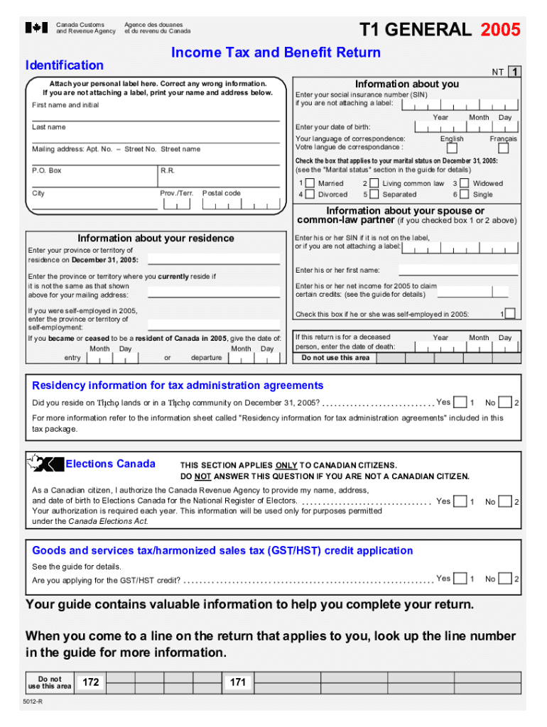 Fillable Online 5012-R T1 General 2005 - Income Tax and Benefit Return ...