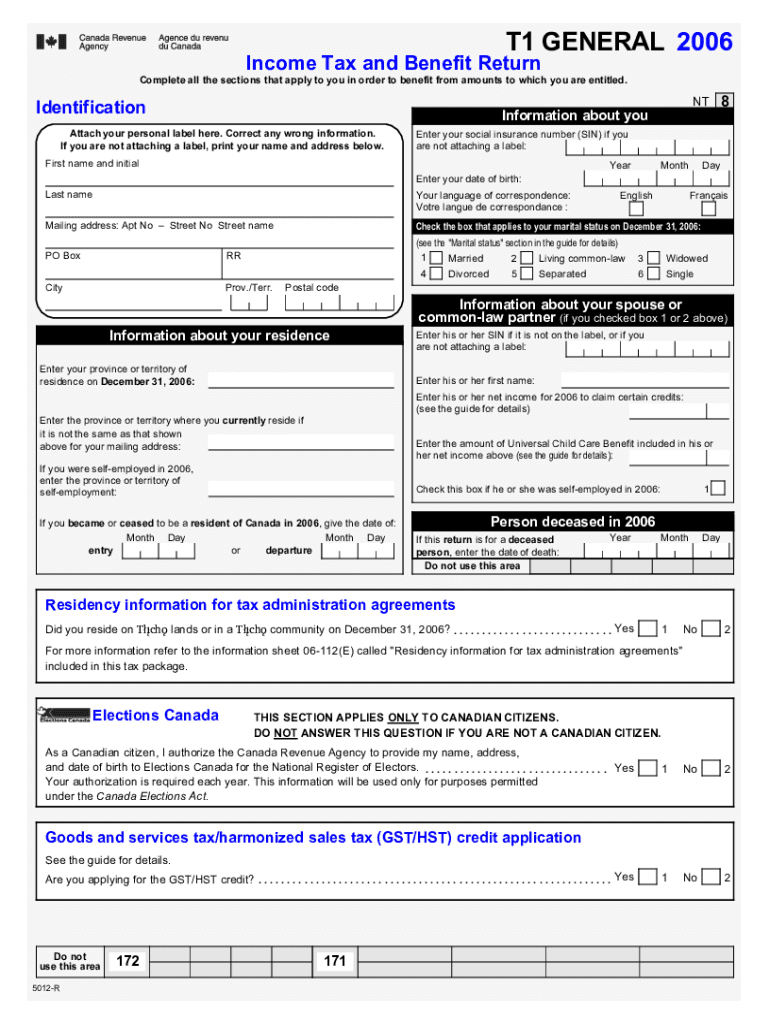 Fillable Online 5012-R T1 General 2006 - Income Tax and Benefit Return ...