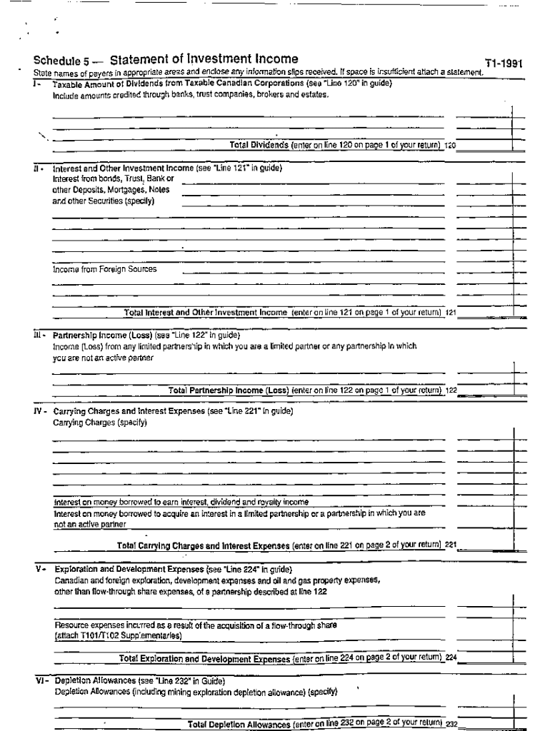 Fillable Online 5009-S5 Schedule 5 - Alberta - T1 General 1991 ...