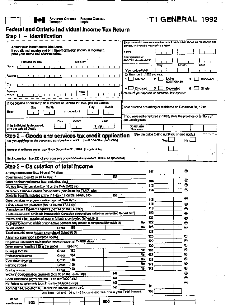 Fillable Online 5006-R T1 General 1992 - Income Tax and Benefit Return ...