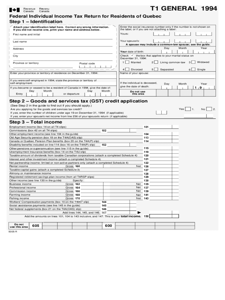 Fillable Online 5005-R T1 General 1994 - Income Tax and Benefit Return ...