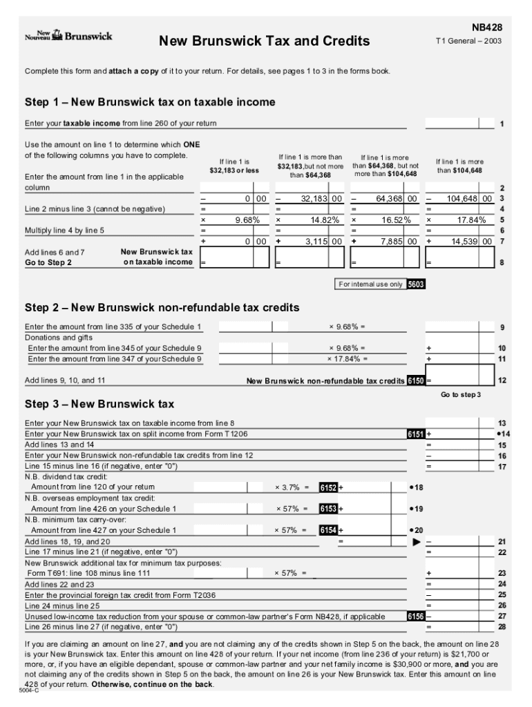 New Brunswick Tax and Credits T1 General 2003 - Blank Fillable Template ...