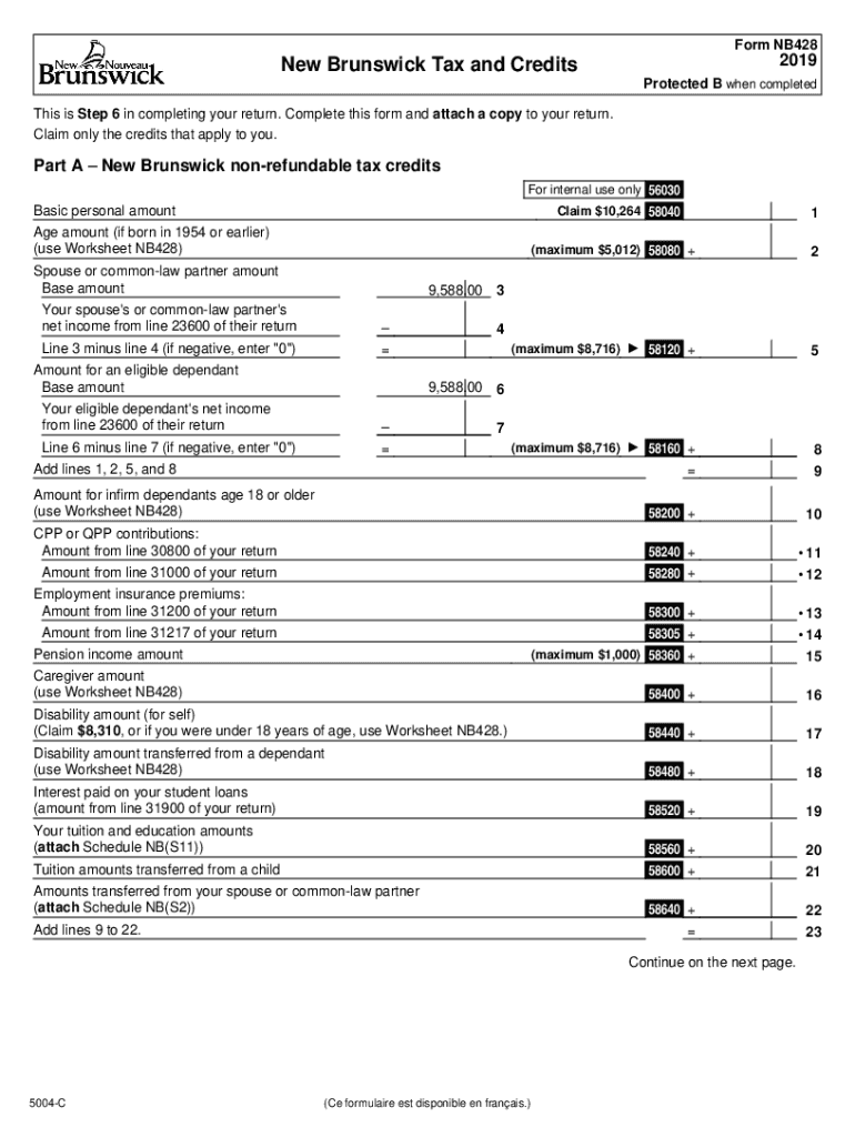 Fillable Online 5004-C NB428 - New Brunswick Tax and Credits - 2019 ...