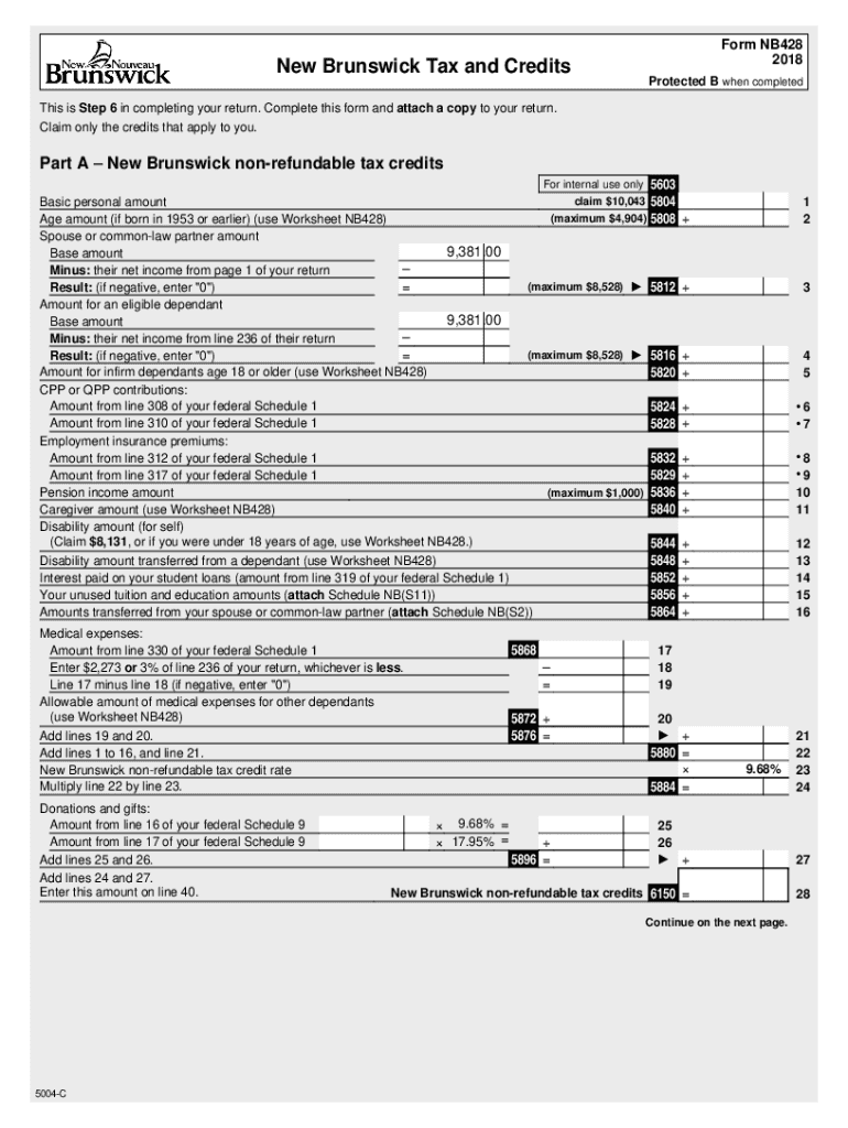 Fillable Online 5004-C NB428 - New Brunswick Tax and Credits - 2018 ...