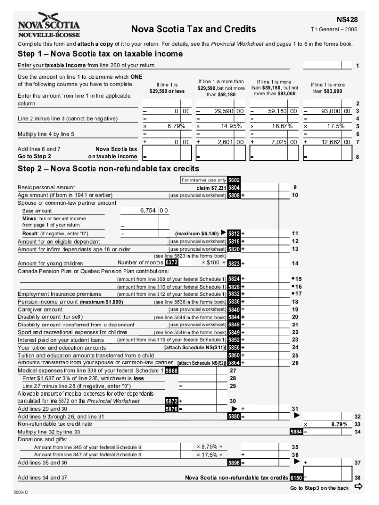 Fillable Online 5003-C NS 428 - Nova Scotia Tax and Credits - T1 ...