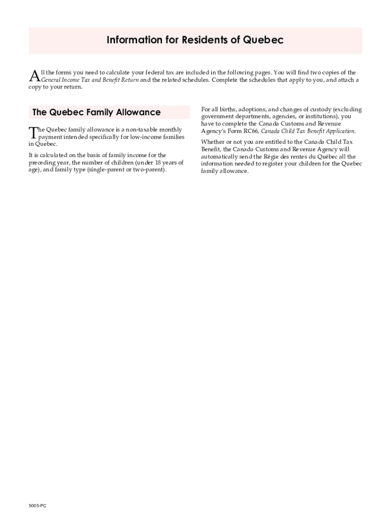 Fillable Online 5005-PC Information for Residents of Quebec - T1 ...