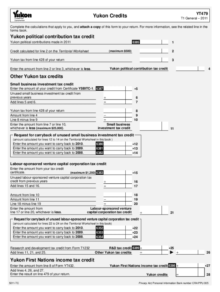 Fillable Online 5011-TC T1 General 2011 - YT479 - Yukon Credits ...
