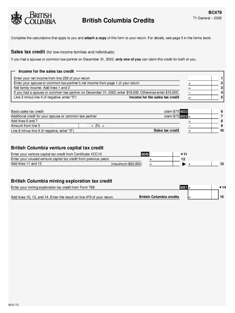 Fillable Online 5010-TC BC479 - British Columbia Credits - T1 General ...